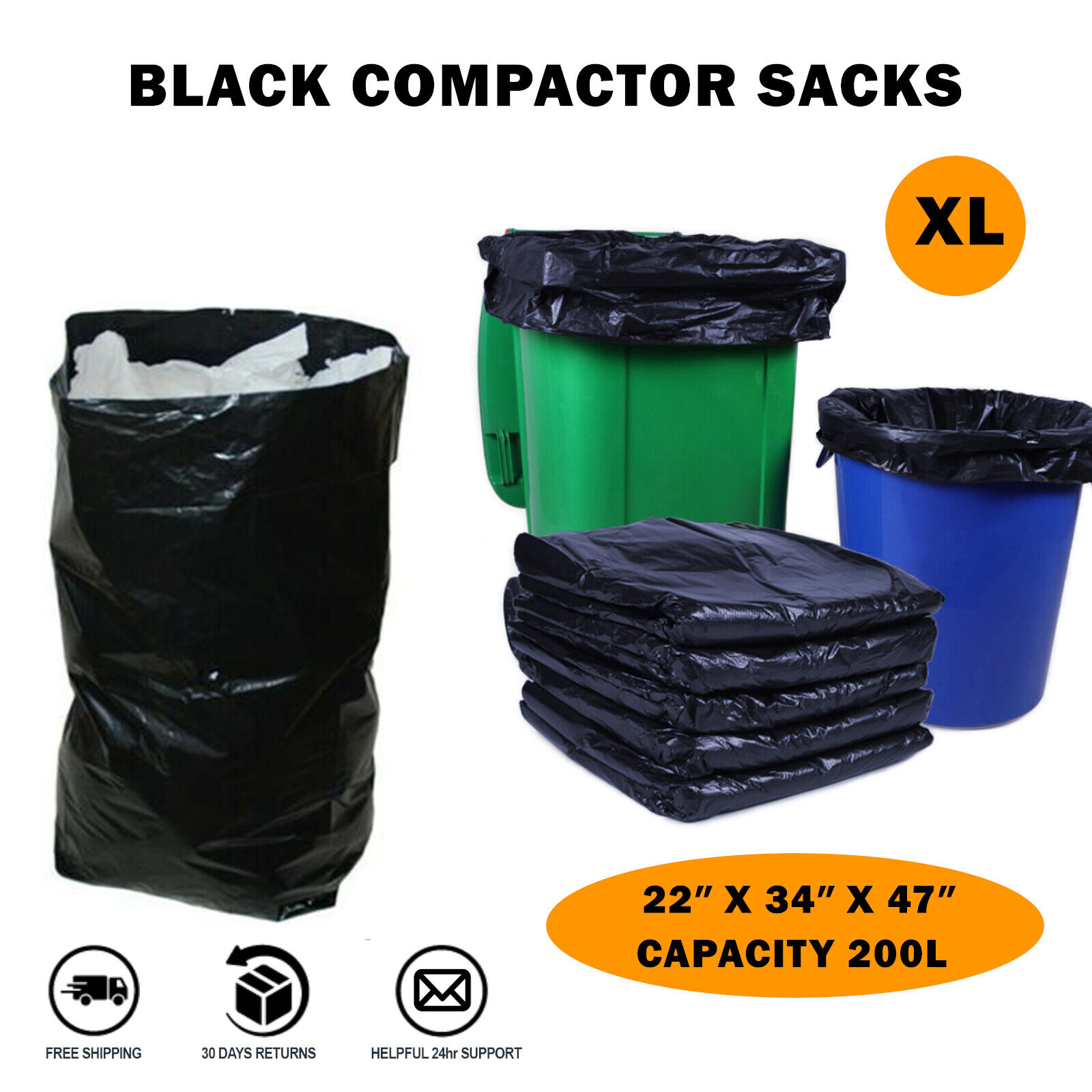 100 Compactor Sacks 200G Black Extra Strong Bin Liners - SeeOnix.co.uk